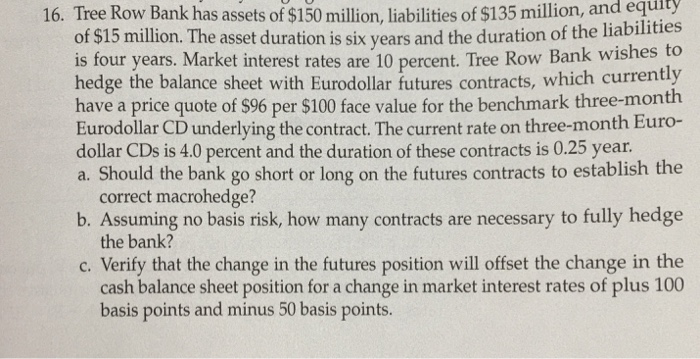 Solved 16. Tree Row Bank has assets of $150 million, | Chegg.com