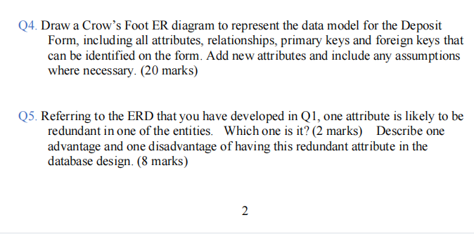 Q4. Draw a Crow's Foot ER diagram to represent | Chegg.com