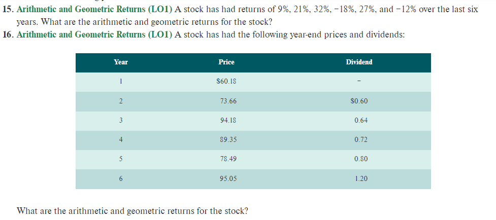 Solved 15. Arithmetic and Geometric Returns (LO1) A stock | Chegg.com