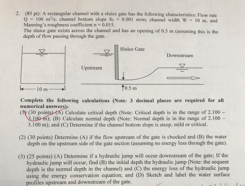 Solved (85 pt): A rectangular channel with a sluice gate has | Chegg.com