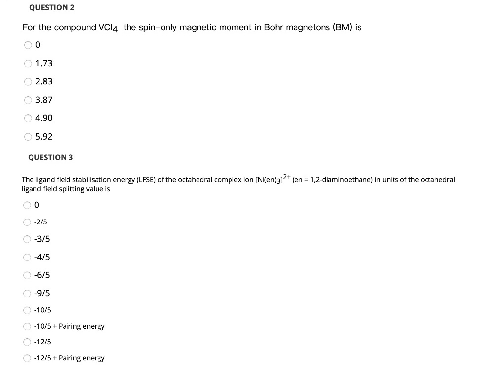 Solved QUESTION 2 For the compound VCI4 the spin-only | Chegg.com