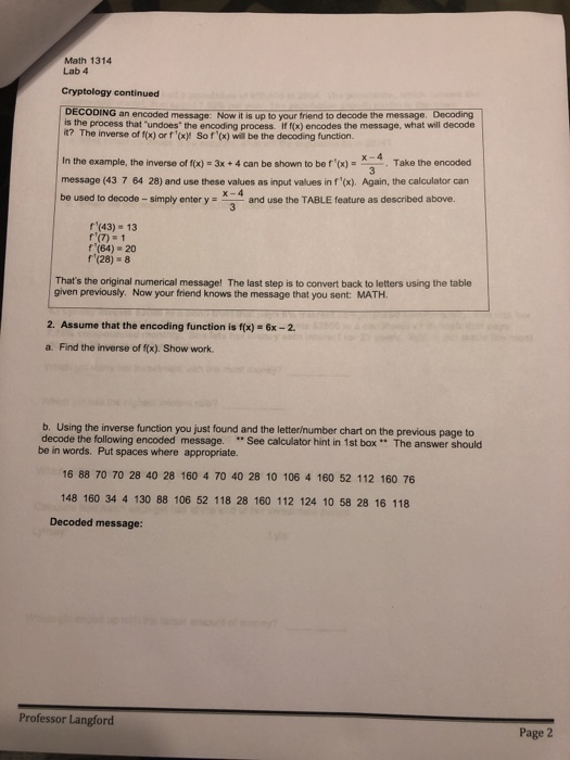 Solved Math 1314 Lab 4 Cryptology continued DECODING an | Chegg.com