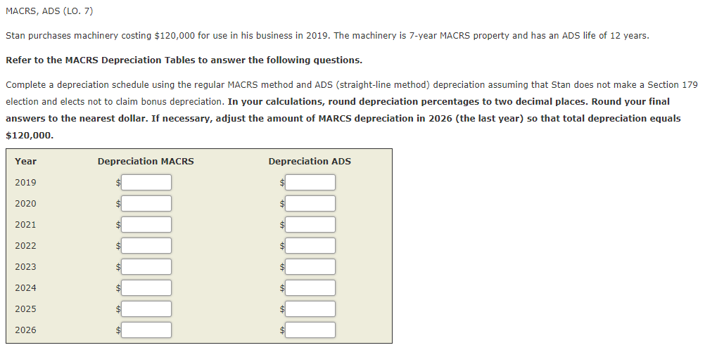 Solved MACRS, ADS (LO. 7) Stan purchases machinery costing | Chegg.com