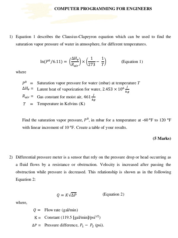 COMPUTER PROGRAMMING FOR ENGINEERS 1) Equation 1 | Chegg.com