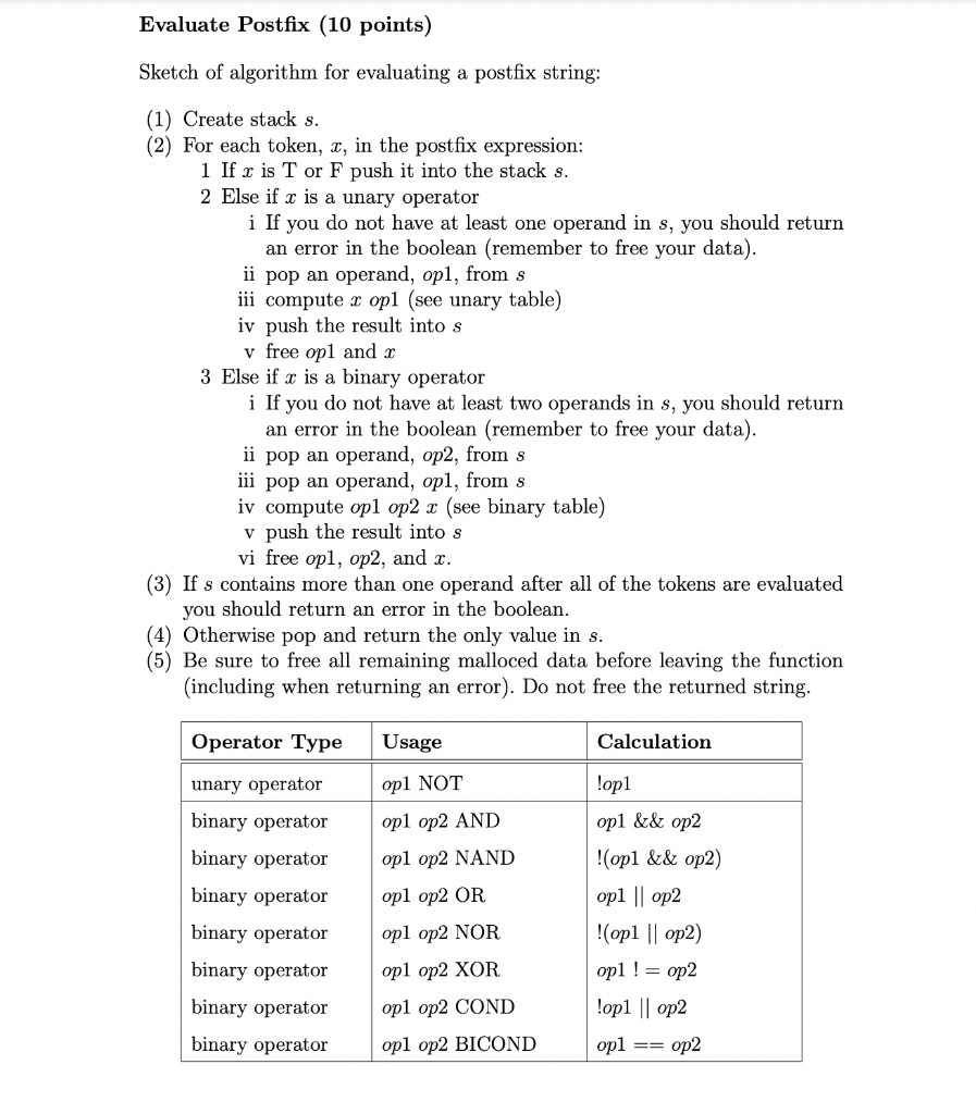 Solved Evaluate Postfix (10 points) Sketch of algorithm for | Chegg.com