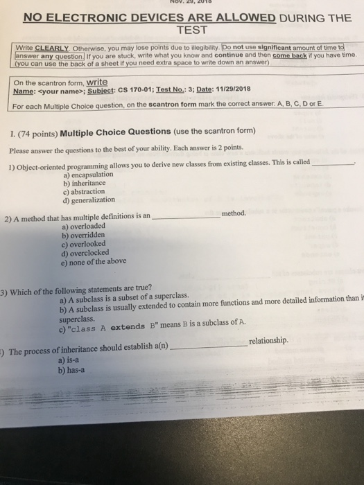 Solved NO ELECTRONIC DEVICES ARE ALLOWED DURING THE TEST | Chegg.com