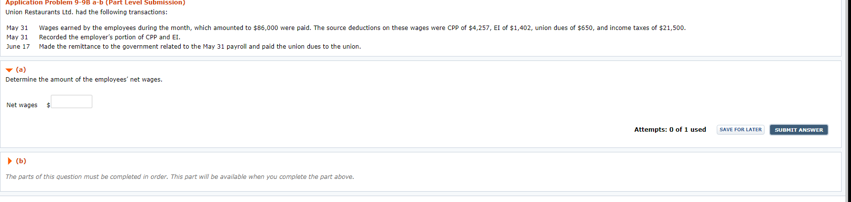 Solved Application Problem 9-9B a-b (Part Level Submission) | Chegg.com