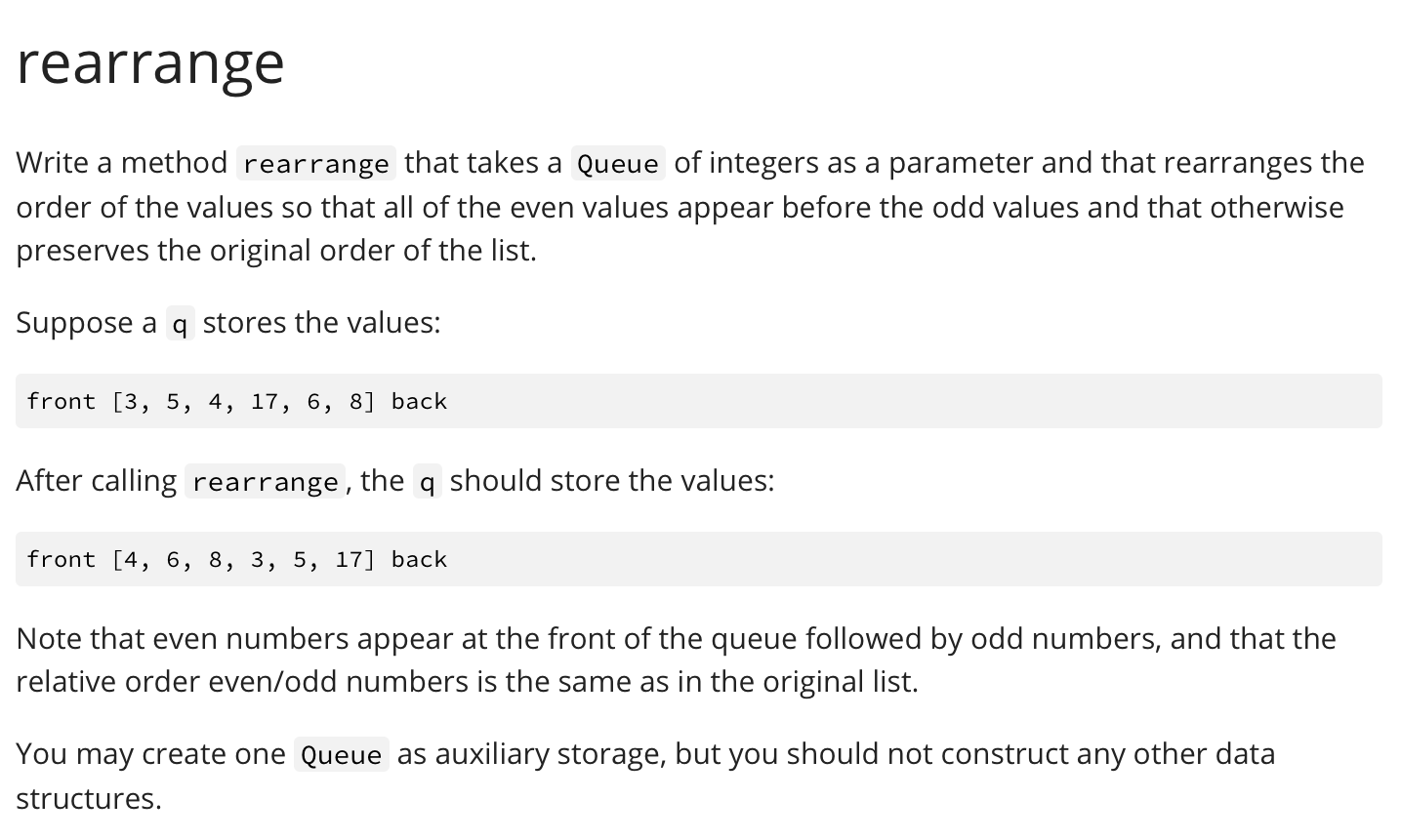 Solved rearrange Write a method rearrange that takes a Queue | Chegg.com