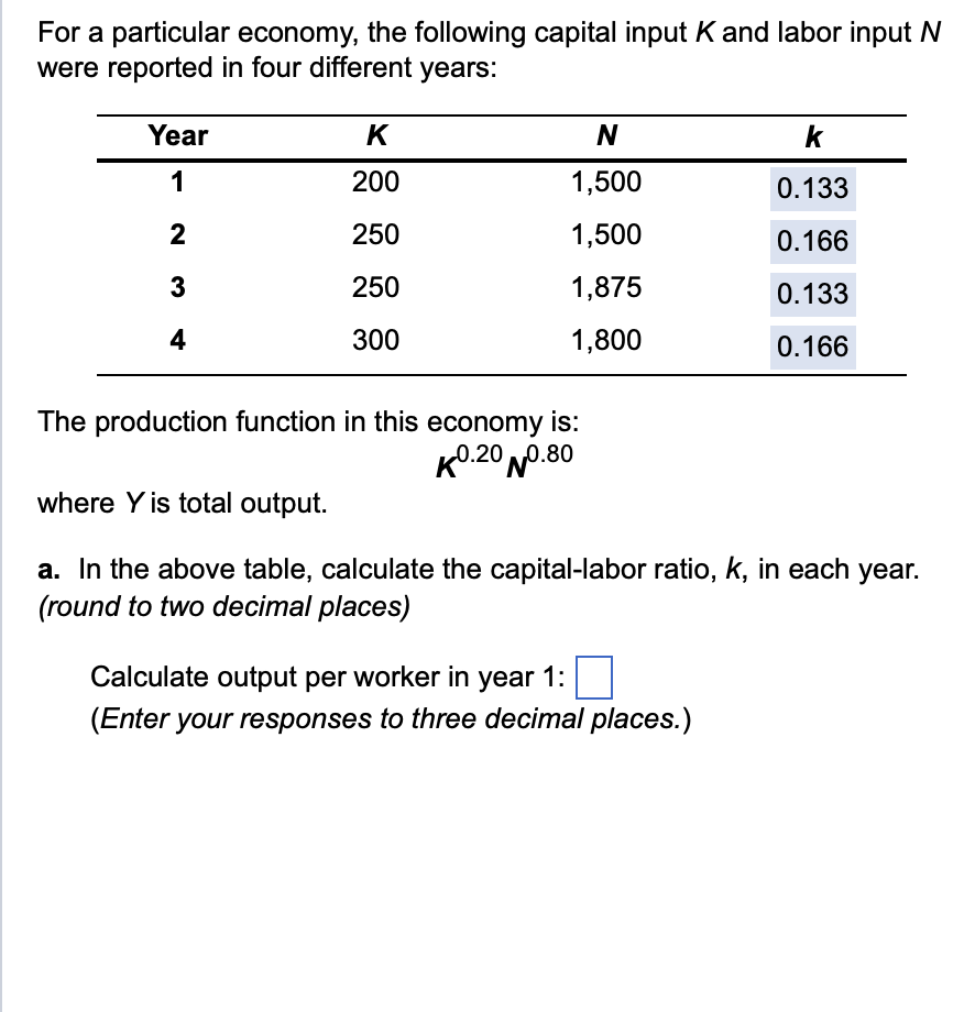 Solved For a particular economy, the following capital input | Chegg.com