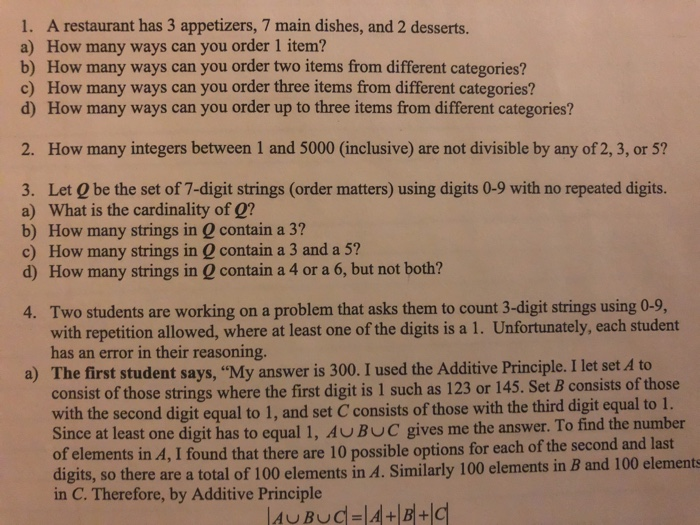 Solved 1. A restaurant has 3 appetizers, 7 main dishes, and | Chegg.com