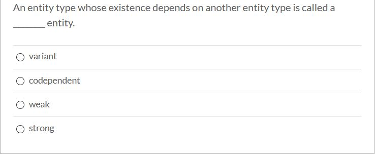 Solved An entity type whose existence depends on another | Chegg.com