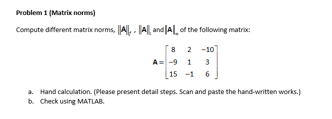 Solved Problem 1 (Matrix norms) Compute different matrix | Chegg.com
