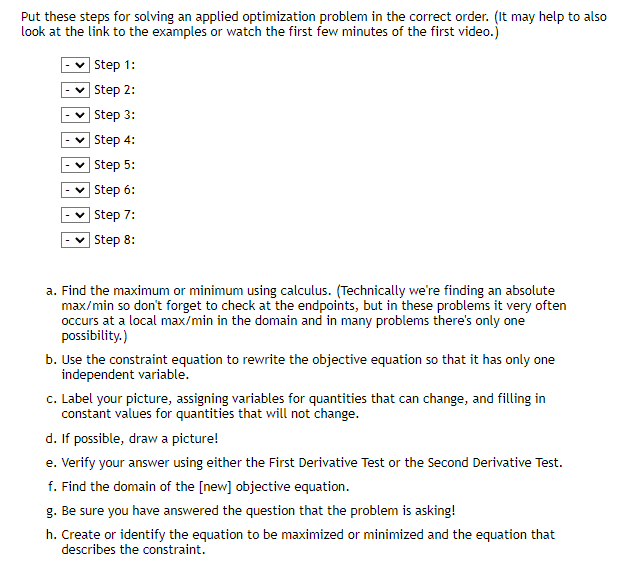 Solved Put these steps for solving an applied optimization | Chegg.com