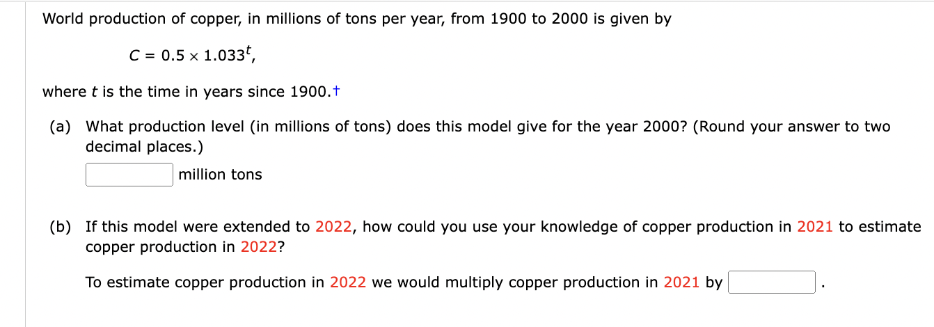 Solved World production of copper, in millions of tons per | Chegg.com