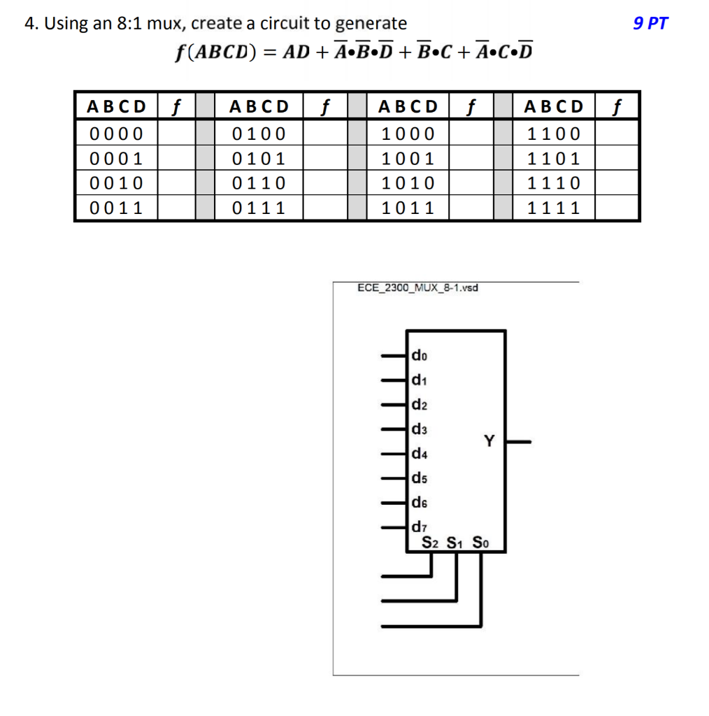 Solved 9 PT 4. Using an 8:1 mux, create a circuit to | Chegg.com