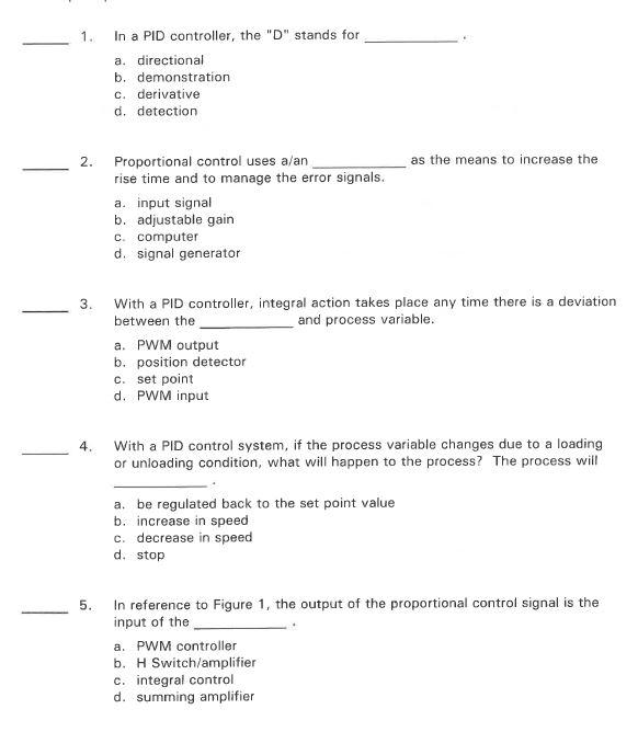 Solved 1. In a PID controller, the "D" stands for a. | Chegg.com