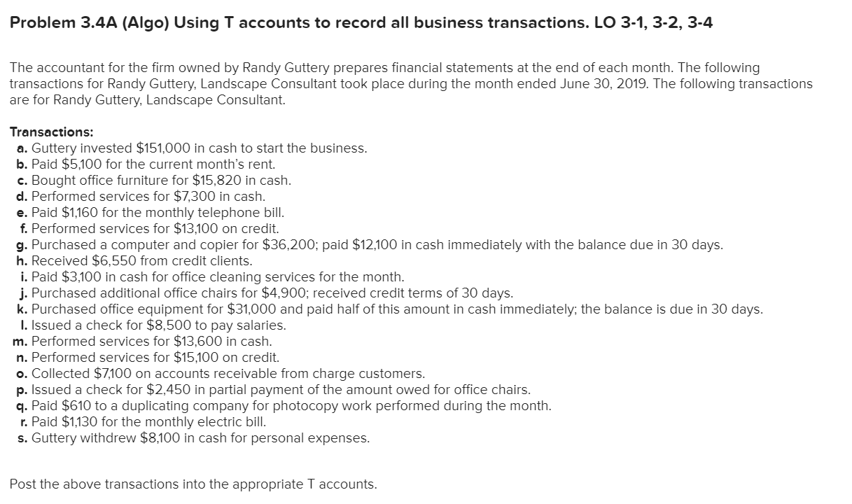 Solved Problem 3.4A (Algo) Using T accounts to record all | Chegg.com