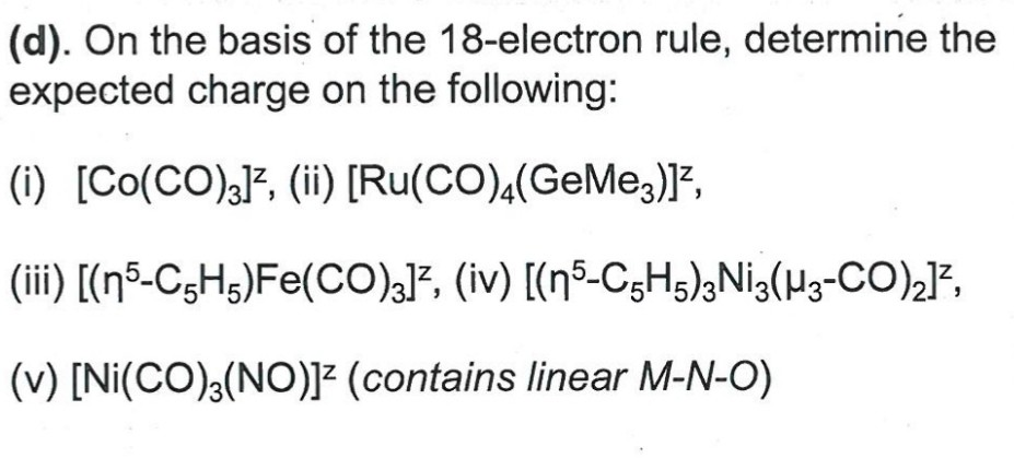 Solved (d). On the basis of the 18-electron rule, determine | Chegg.com