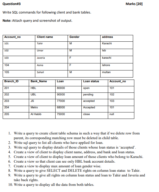 Solved Marks [20] Question#3 Write SQL commands for | Chegg.com