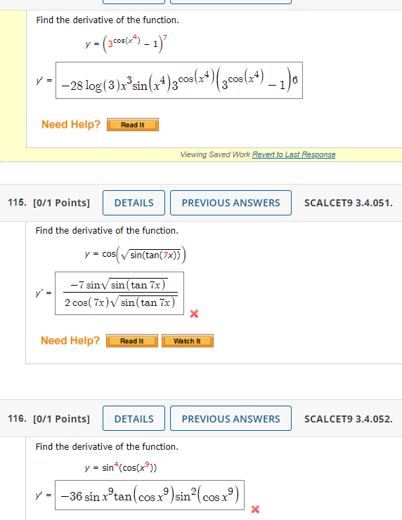 Solved Find the derivative of the function. y = (3cos(**) – | Chegg.com