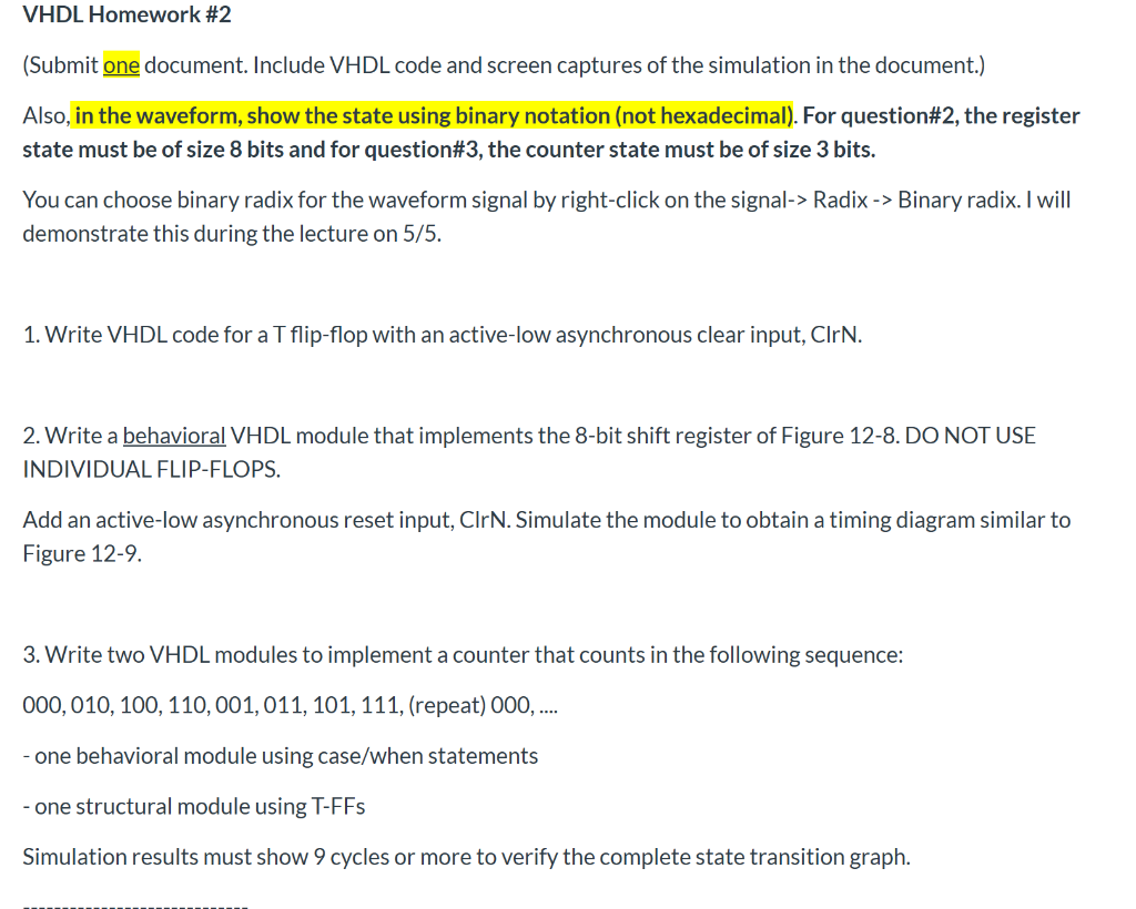 Vhdl Homework 2 Submit One Document Include Vhdl