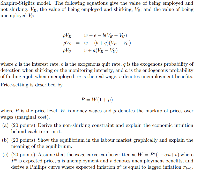 Solved Shapiro-Stiglitz model. The following equations give | Chegg.com