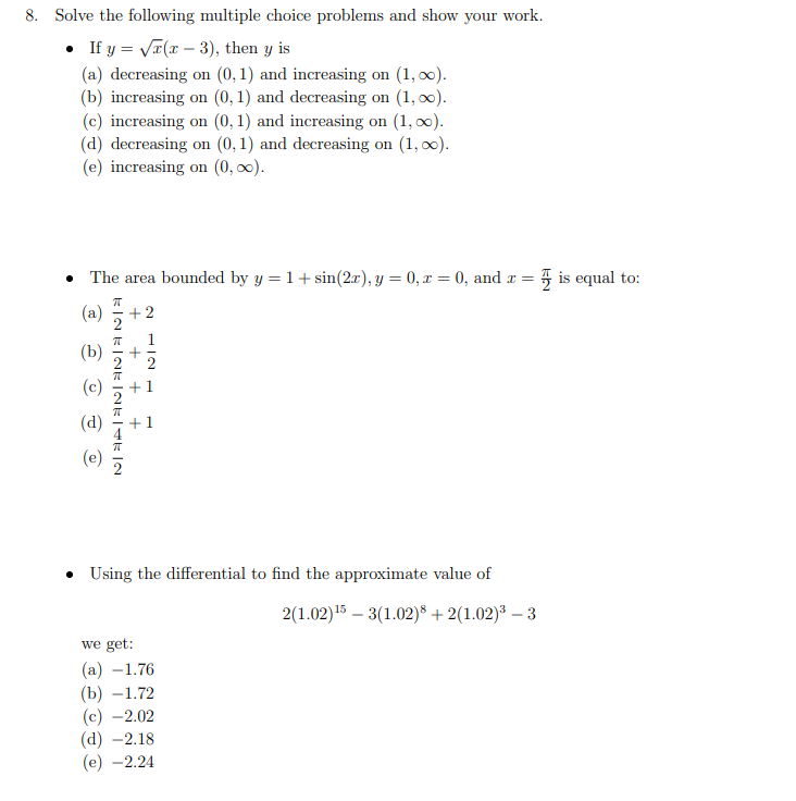 Solved Solve the following multiple choice problems and show | Chegg.com
