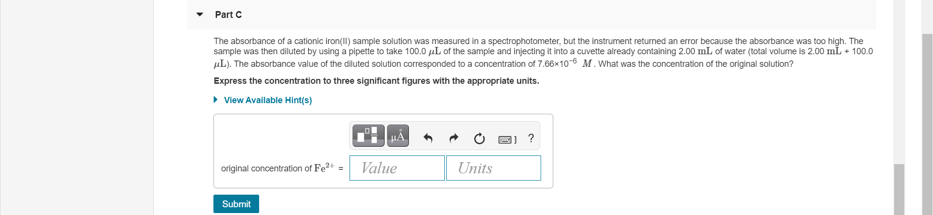 Solved Part The absorbance of a cationic iron(II) sample | Chegg.com