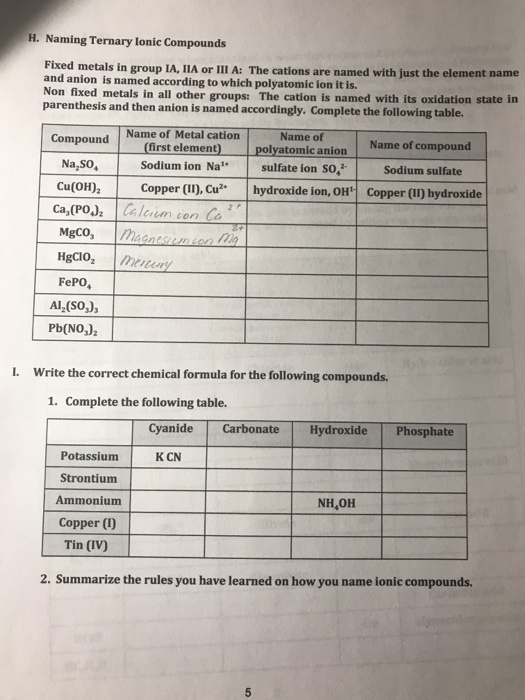 Solved H. Naming Ternary lonic Compounds Fixed metals in | Chegg.com