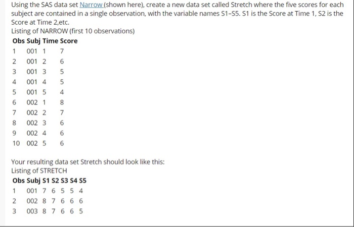 Solved Using the SAS data set Narrow (shown here), create a | Chegg.com