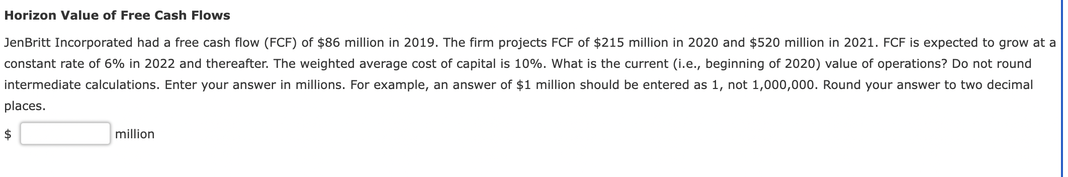 Solved Horizon Value of Free Cash Flows JenBritt | Chegg.com