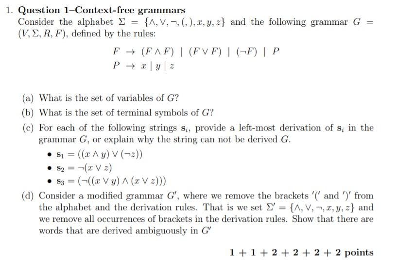 Solved 1. Question 1-Context-free grammars Consider the | Chegg.com
