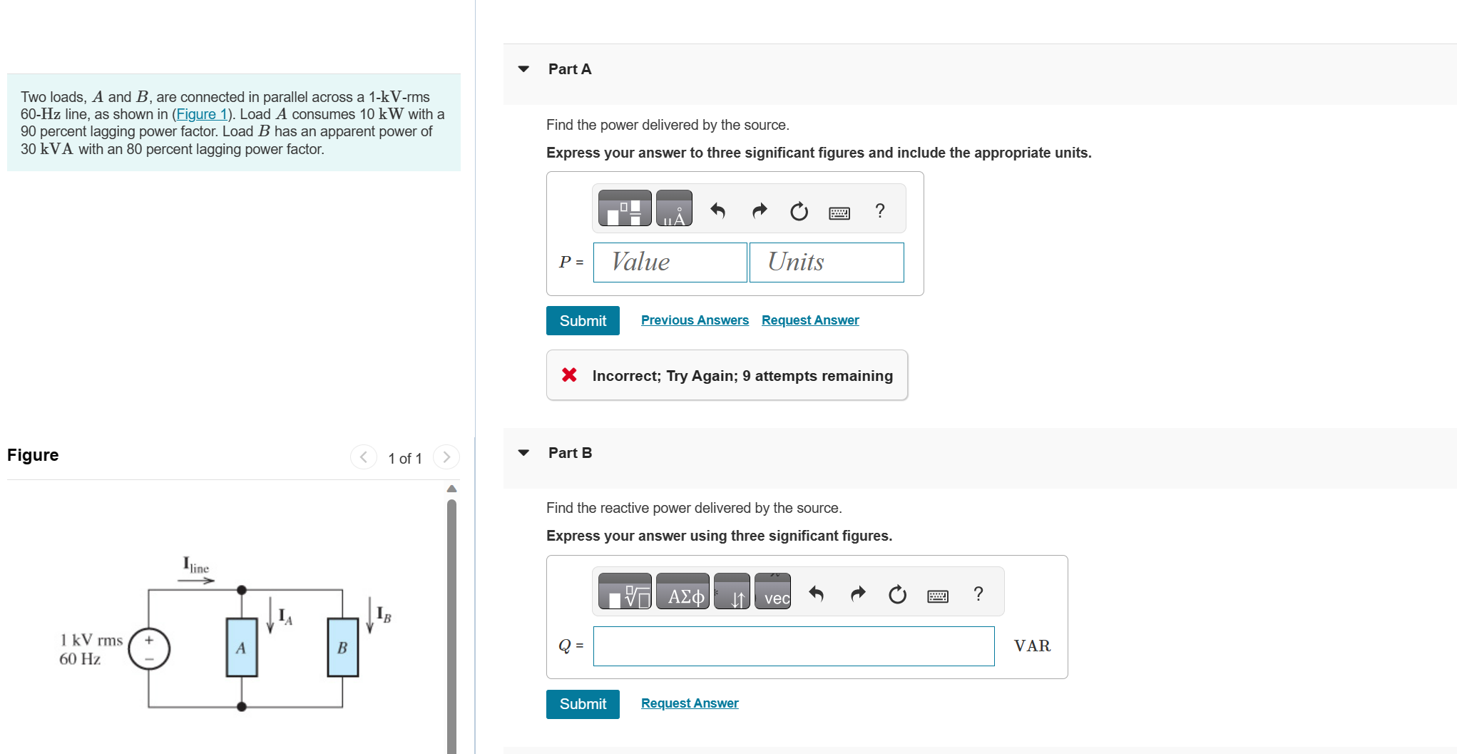 Solved Two loads, A and B, are connected in parallel across | Chegg.com