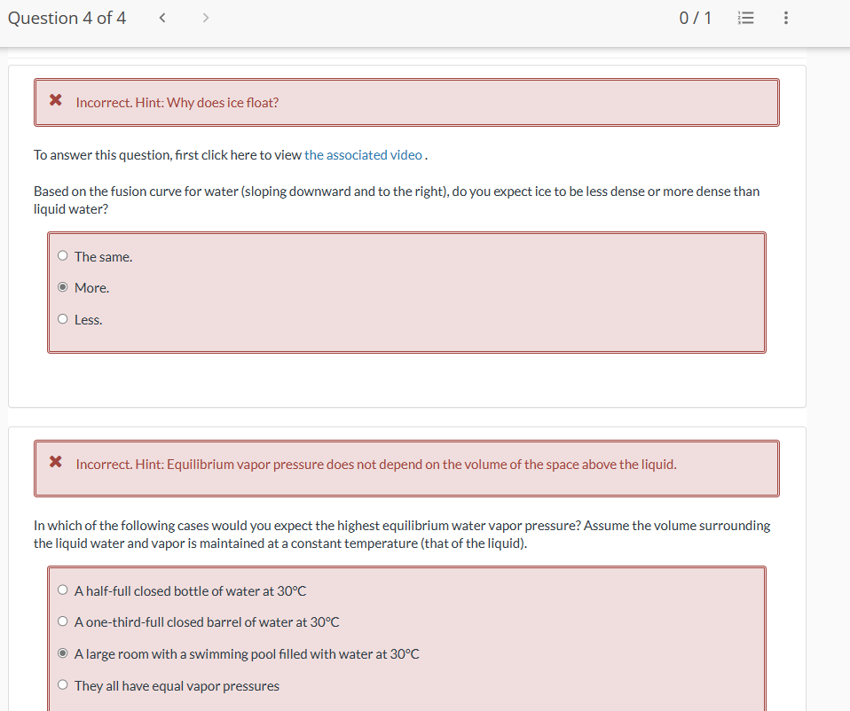 Solved X Incorrect. Hint: Why does ice float? To answer this | Chegg.com