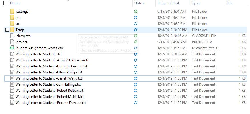 Solved Name Status Size .settings bin src Temp .classpath | Chegg.com