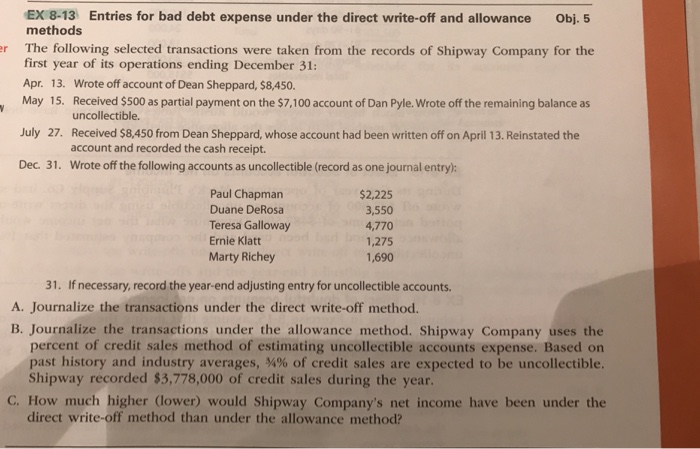 Solved EX 8-13 Entries for bad debt expense under the direct | Chegg.com