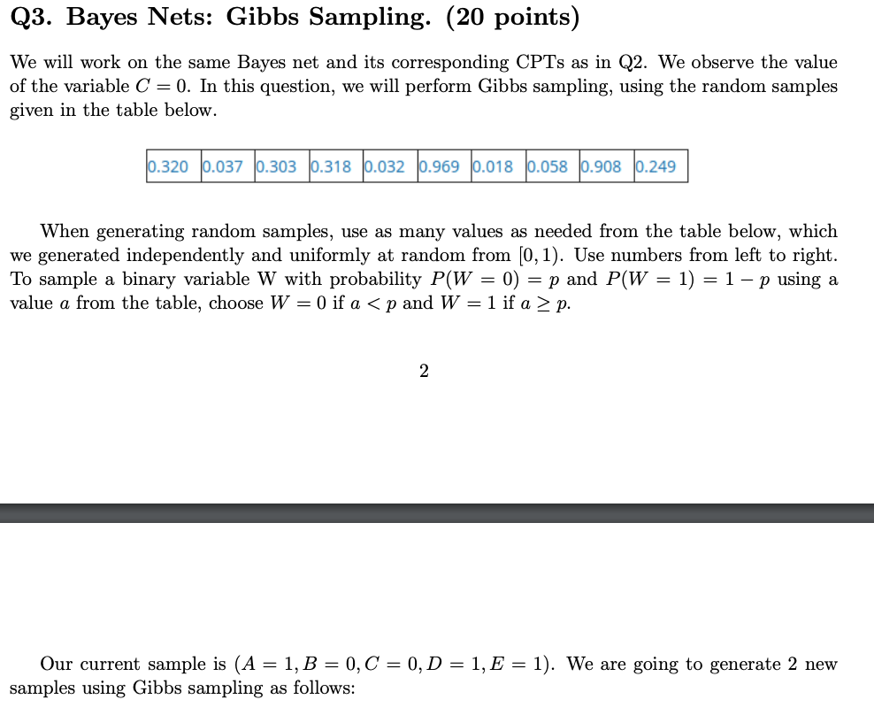 Q3. Bayes Nets: Gibbs Sampling. (20 points) We will | Chegg.com
