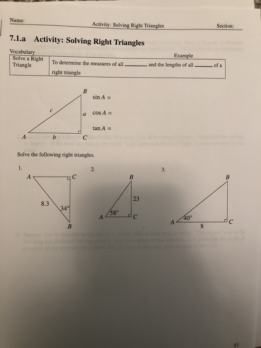 Solved Name: Activity: Solving Right Triangles Section 7.1.a | Chegg.com