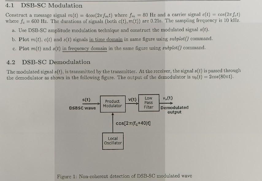 Solved 4.1 DSB-SC Modulation Construct a message signal m(t) | Chegg.com