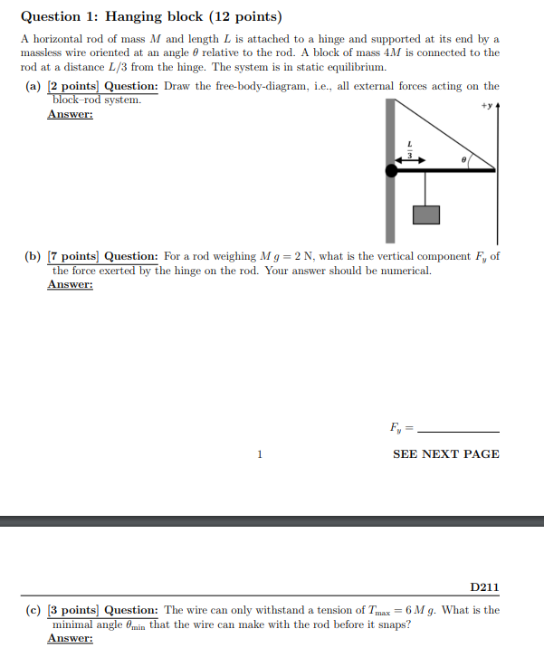 Solved Question 1: Hanging block (12 points) A horizontal | Chegg.com