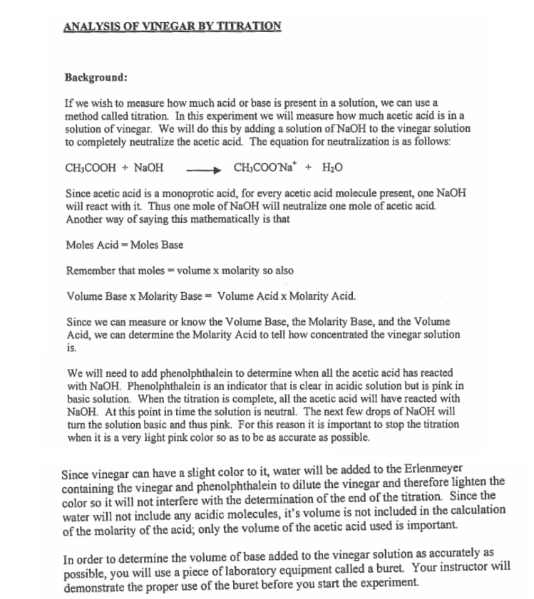 Solved Hi, I need some help with my Chemistry Lab - Vinegar | Chegg.com