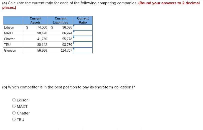 Solved (a) Calculate the current ratio for each of the | Chegg.com