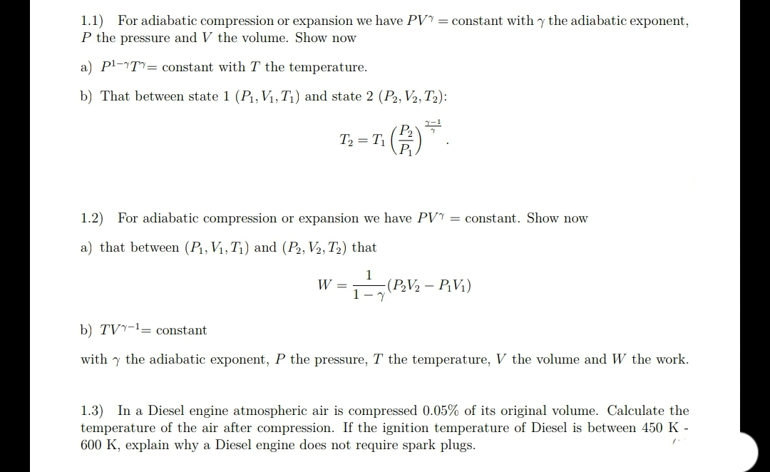 Solved 1.1) For adiabatic compression or expansion we have | Chegg.com