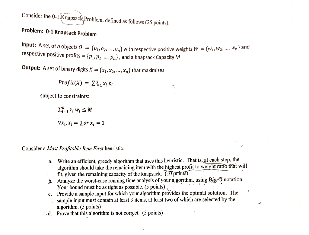 Consider the 0-1 (Knapsack Problem, defined as | Chegg.com