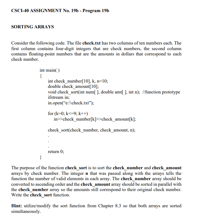 Solved CSCI-40 ASSIGNMENT No. 19b - Program 19b SORTING | Chegg.com