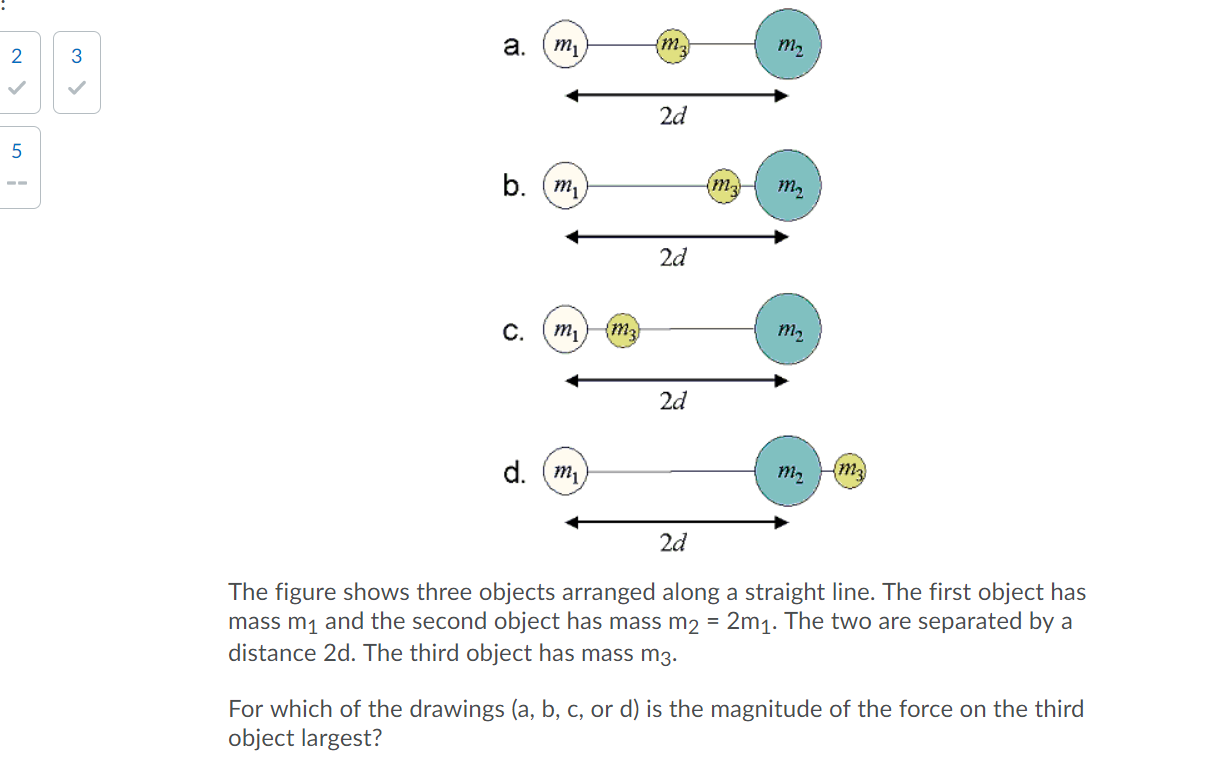 Solved w 2d c. (m) m3 m2 2d 2d The figure shows three | Chegg.com