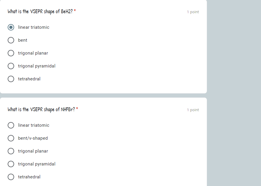 Solved What is the VSEPR shape of BeH2?* 1 point linear | Chegg.com