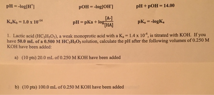 Solved pH = -log(H^+) pOH = -log[OH^-] pH + pOH = 14.00 | Chegg.com