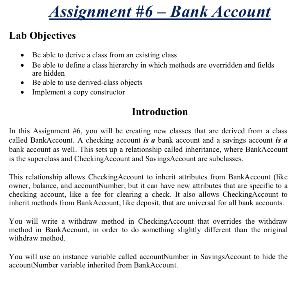 Solved Assignment #6 - Bank Account Lab Objectives Be able | Chegg.com