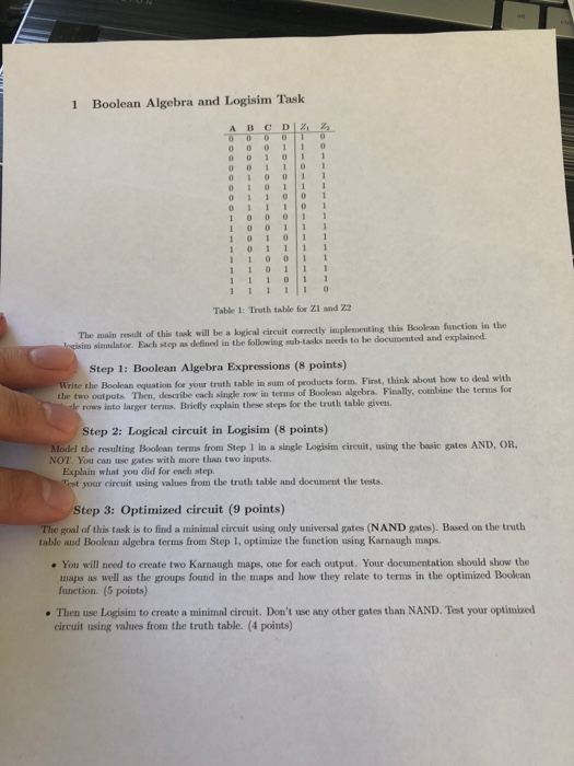 Solved 1 Boolean Algebra and Logisim Task 13 C D?Z Table 1: | Chegg.com